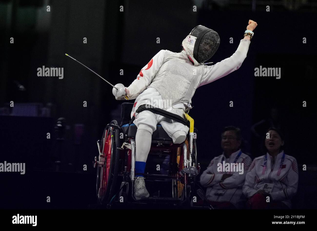 Paris, France. 5th Sep, 2024. Gu Haiyan of China reacts during the ...