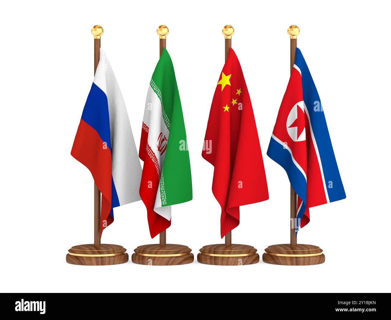 North Korea, Iran, China and Russian flags on white background ...