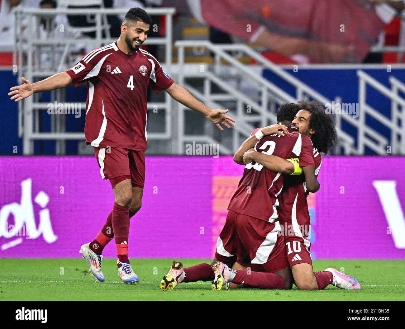 Al Rayyan, Qatar. 5th Sep, 2024. Ibrahim Mohammadali (C) of Qatar ...