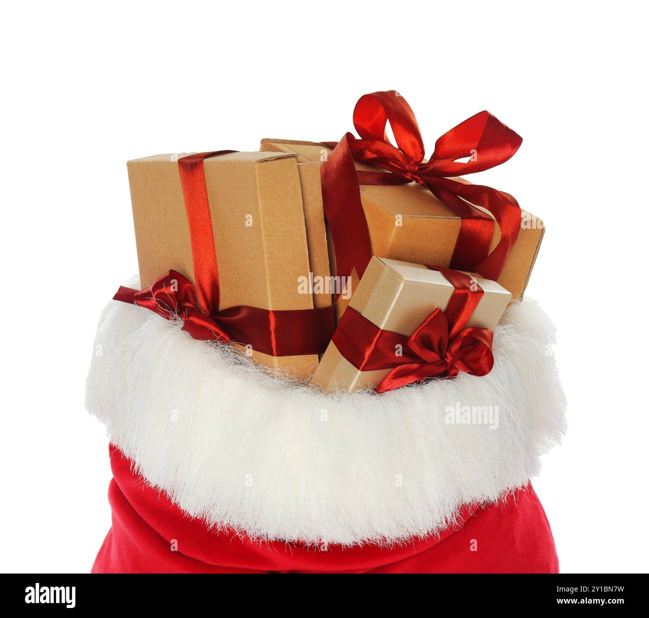 Santa Claus bag with gift boxes isolated on white Stock Photo - Alamy