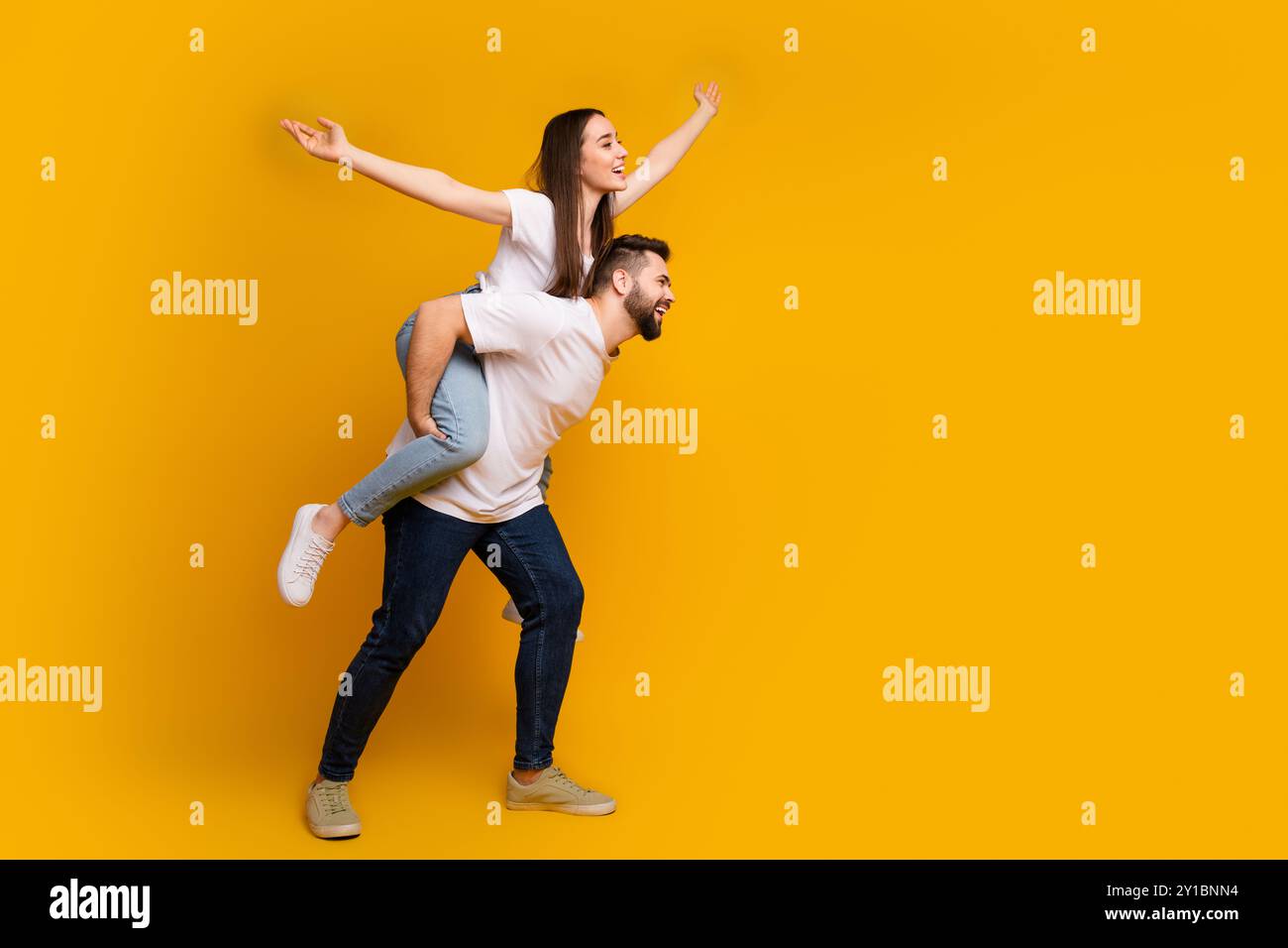 Full size photo of pretty young male female piggyback flying raise ...