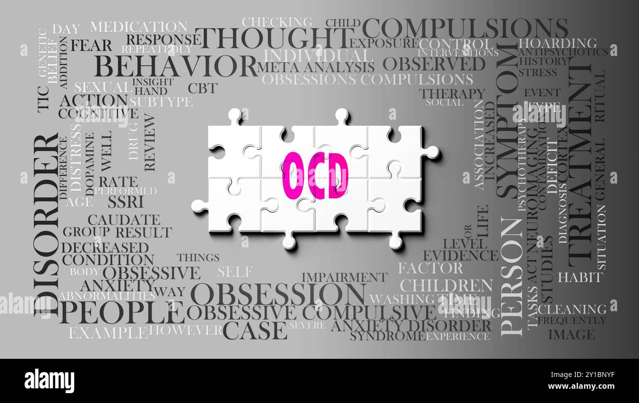Ocd as a complex subject, related to important topics spreading around as a word cloud Stock ...