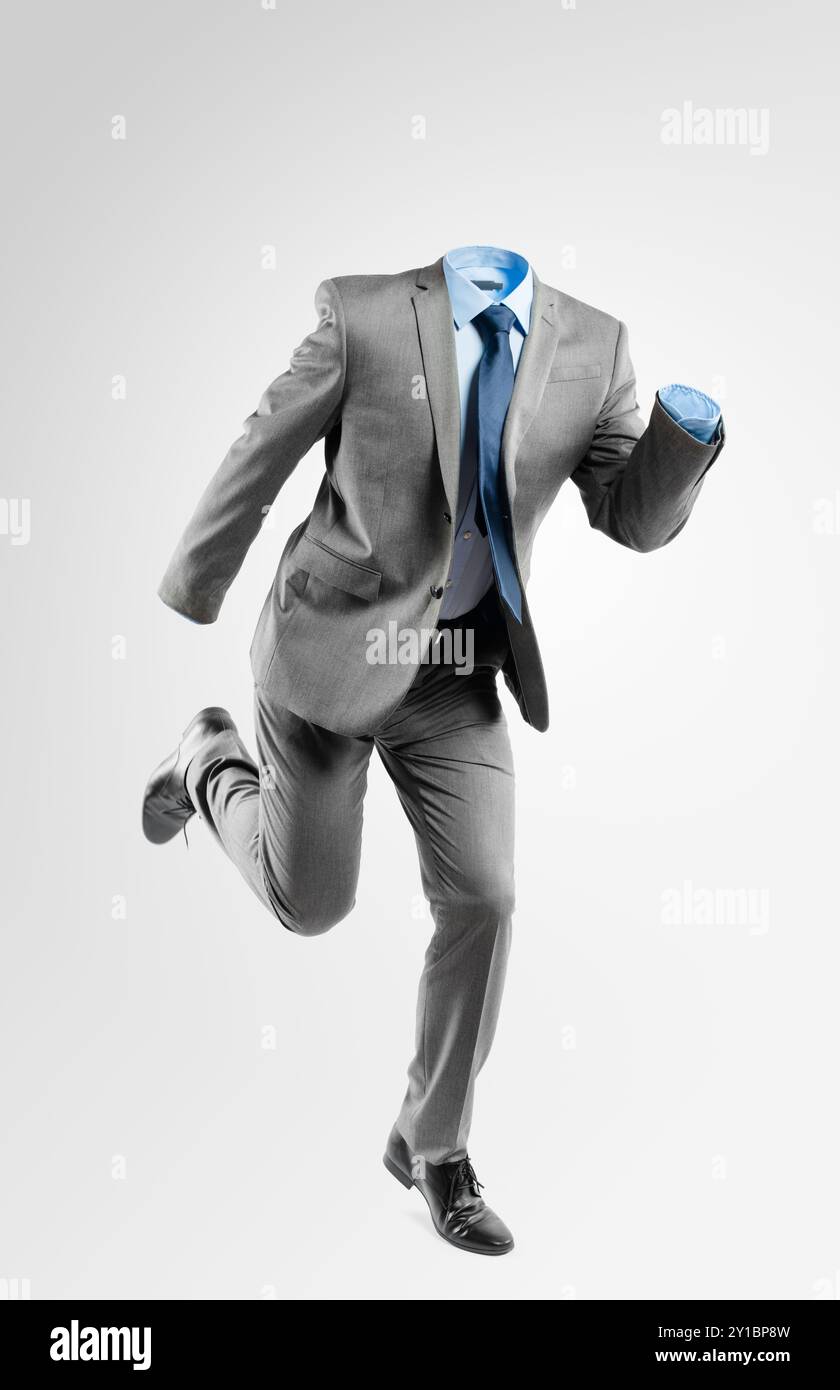 Invisible business person, suit and studio with running for secret deal ...