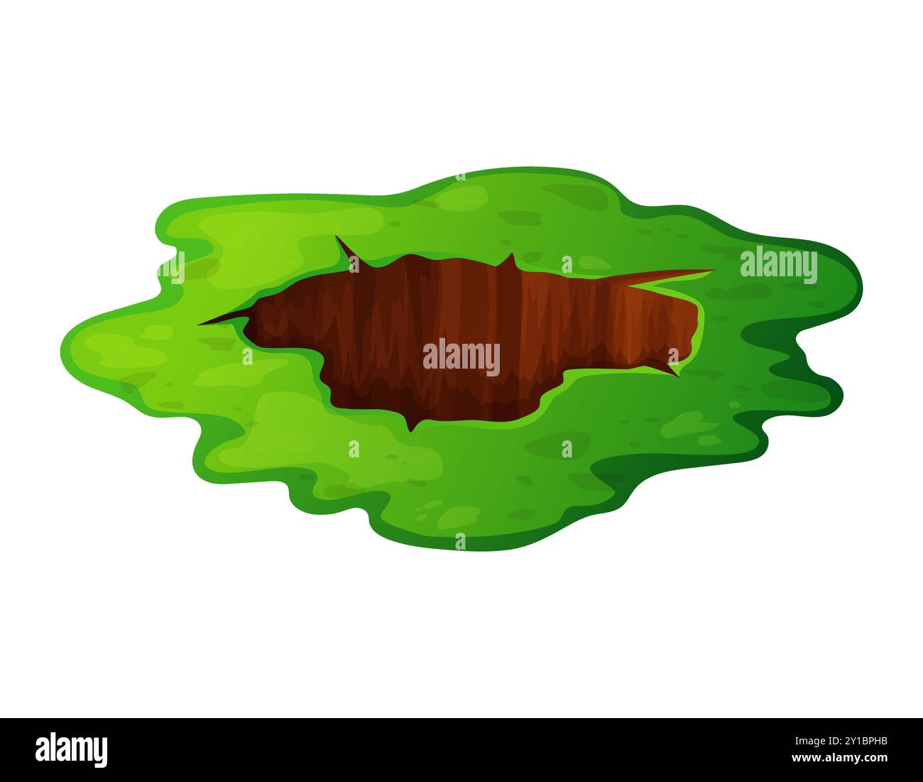 Deep hole in the ground with grass and stones. Brown soil, large cracks ...