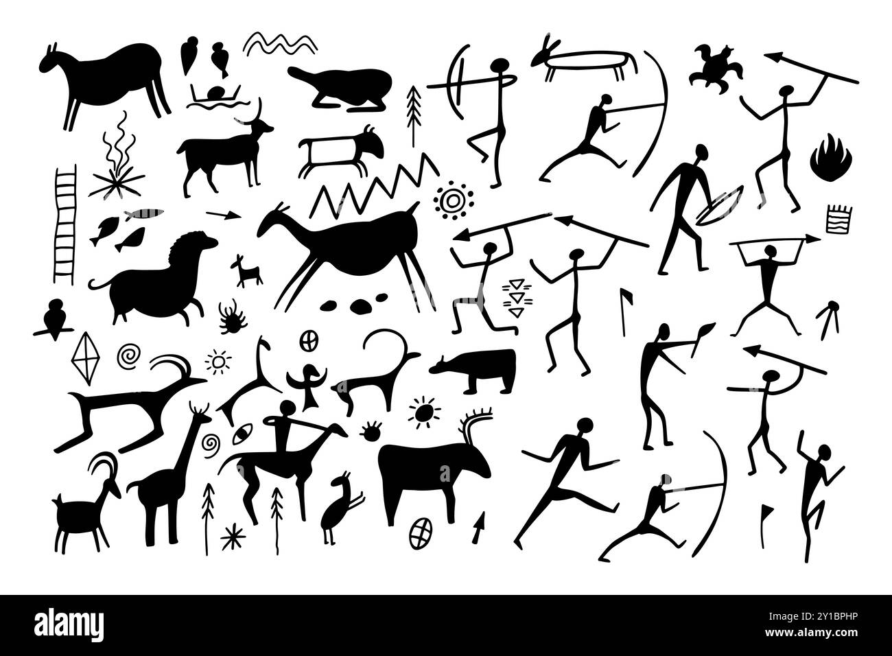 Cave painting on stone, ancient wall of prehistoric humans, animals ...