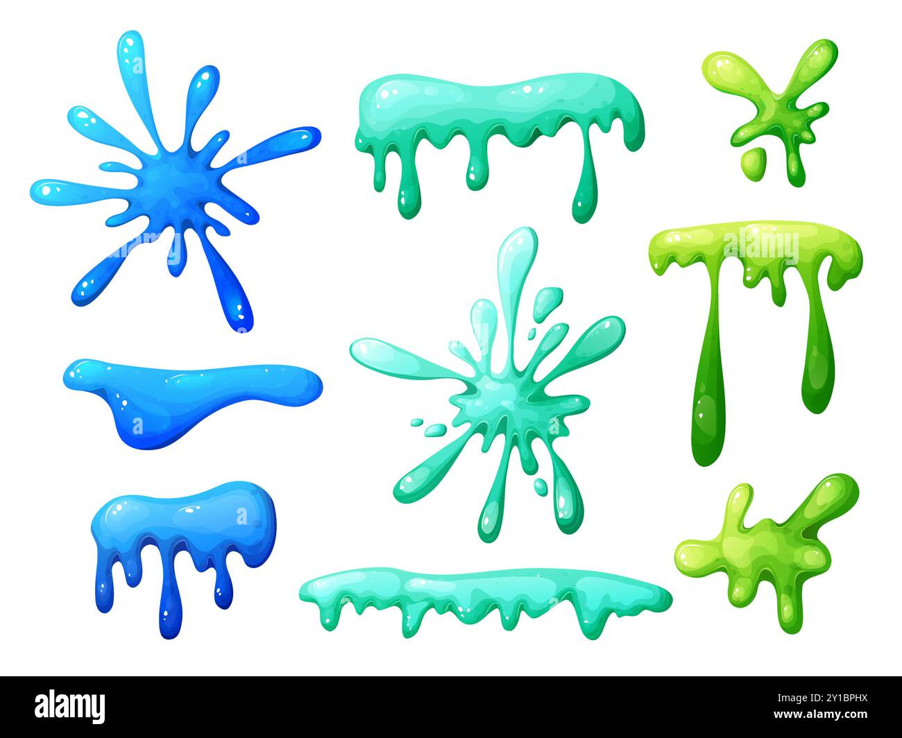 Colorful dripping slime in cartoon. Mucus splashes and liquid drop ...