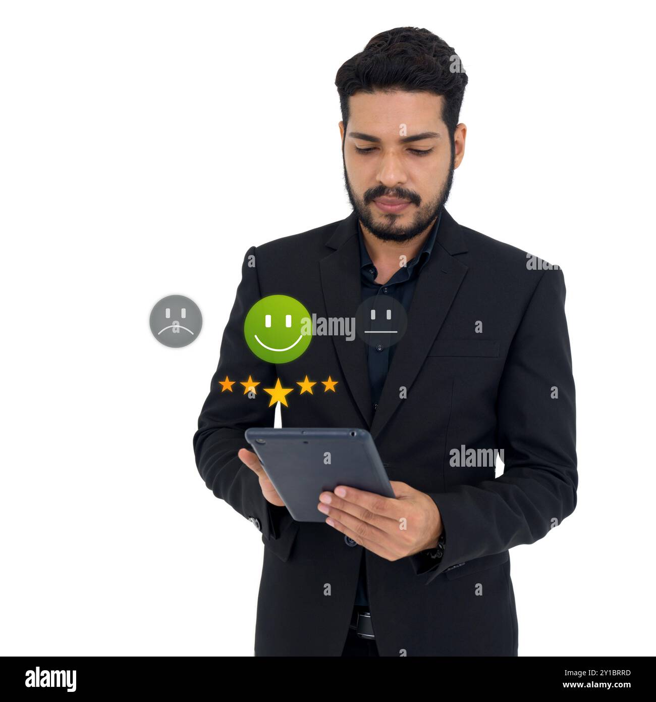 Businessman in black suit typing at tablet computer, show a five star ...