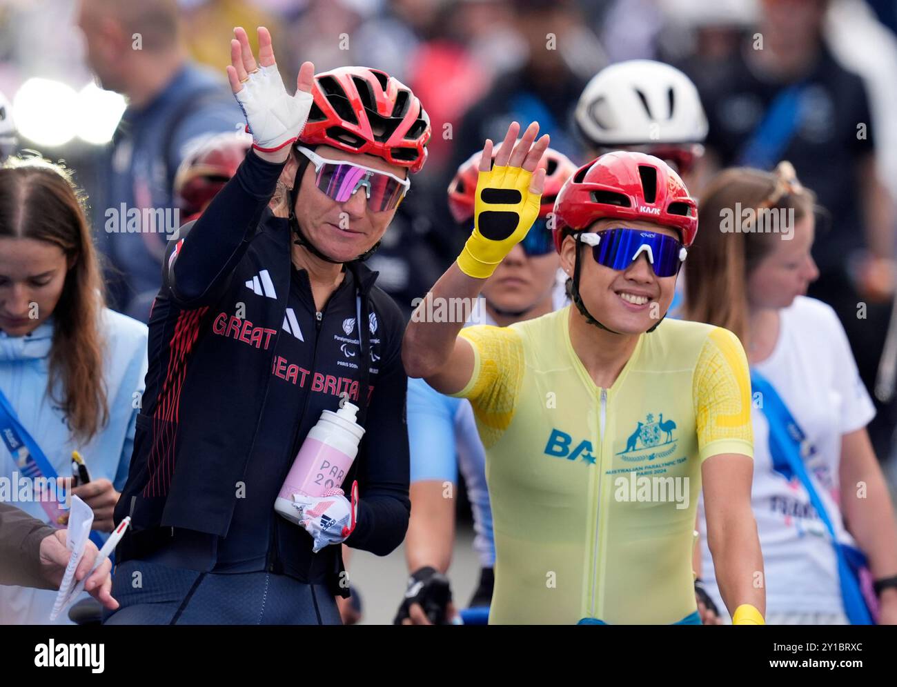 Great Britain's Sarah Storey (left) waves to supporters ahead of the ...