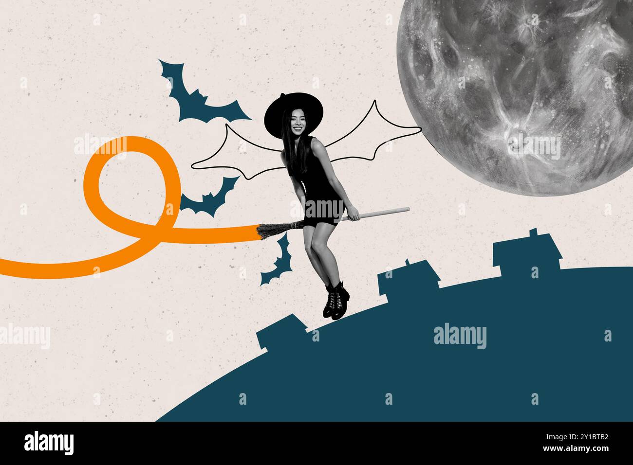 Composite photo collage of happy witch girl ride broom levitate city ...