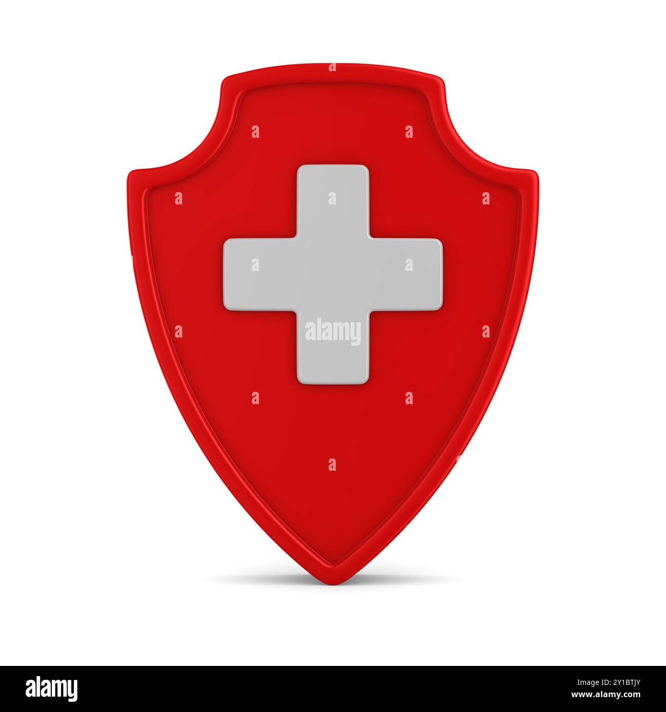 red shield with white cross on white background. Isolated 3D ...