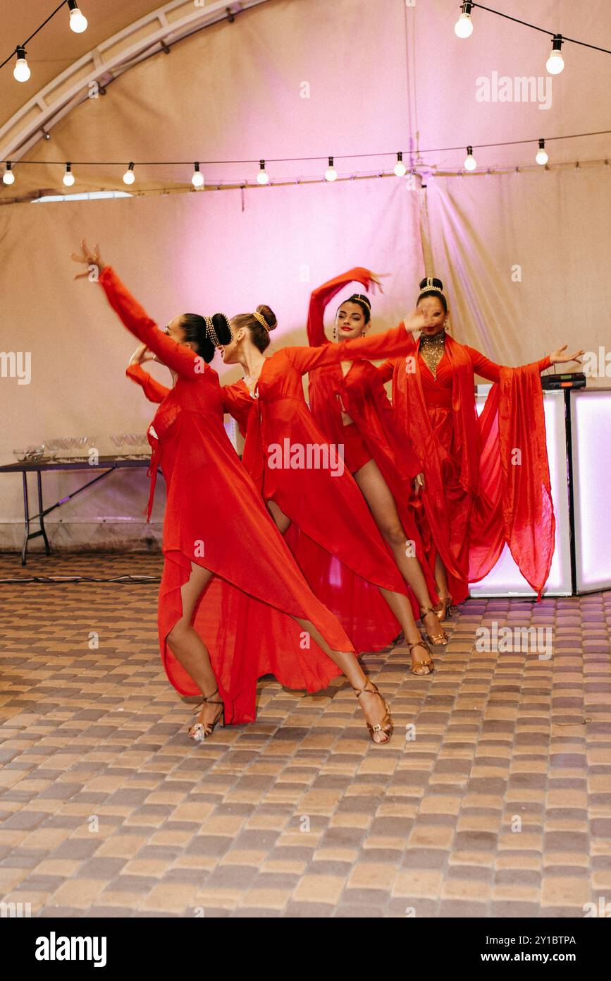 performance of a show-ballet of a dance group of actors in bright ...