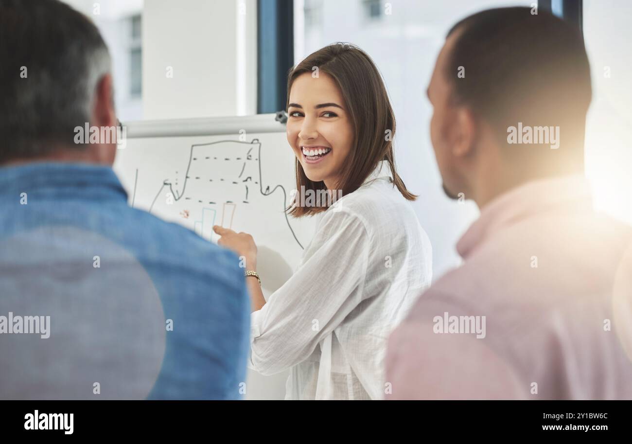 Woman, training and writing on chart in office, budget meeting and ...