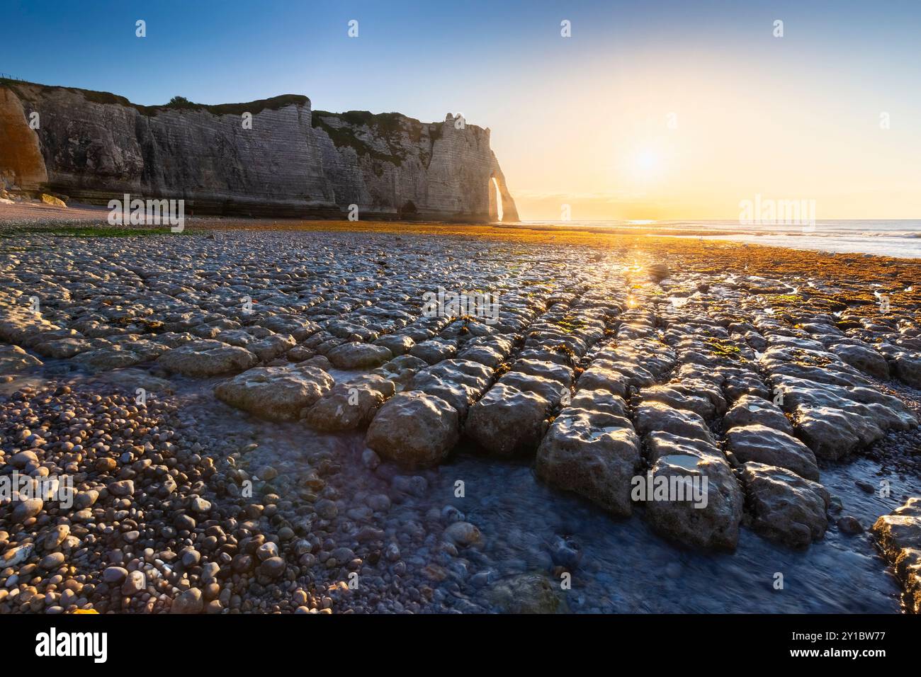 Sunset at the cliff and arch of Etretat, Octeville sur Mer, Le Havre ...