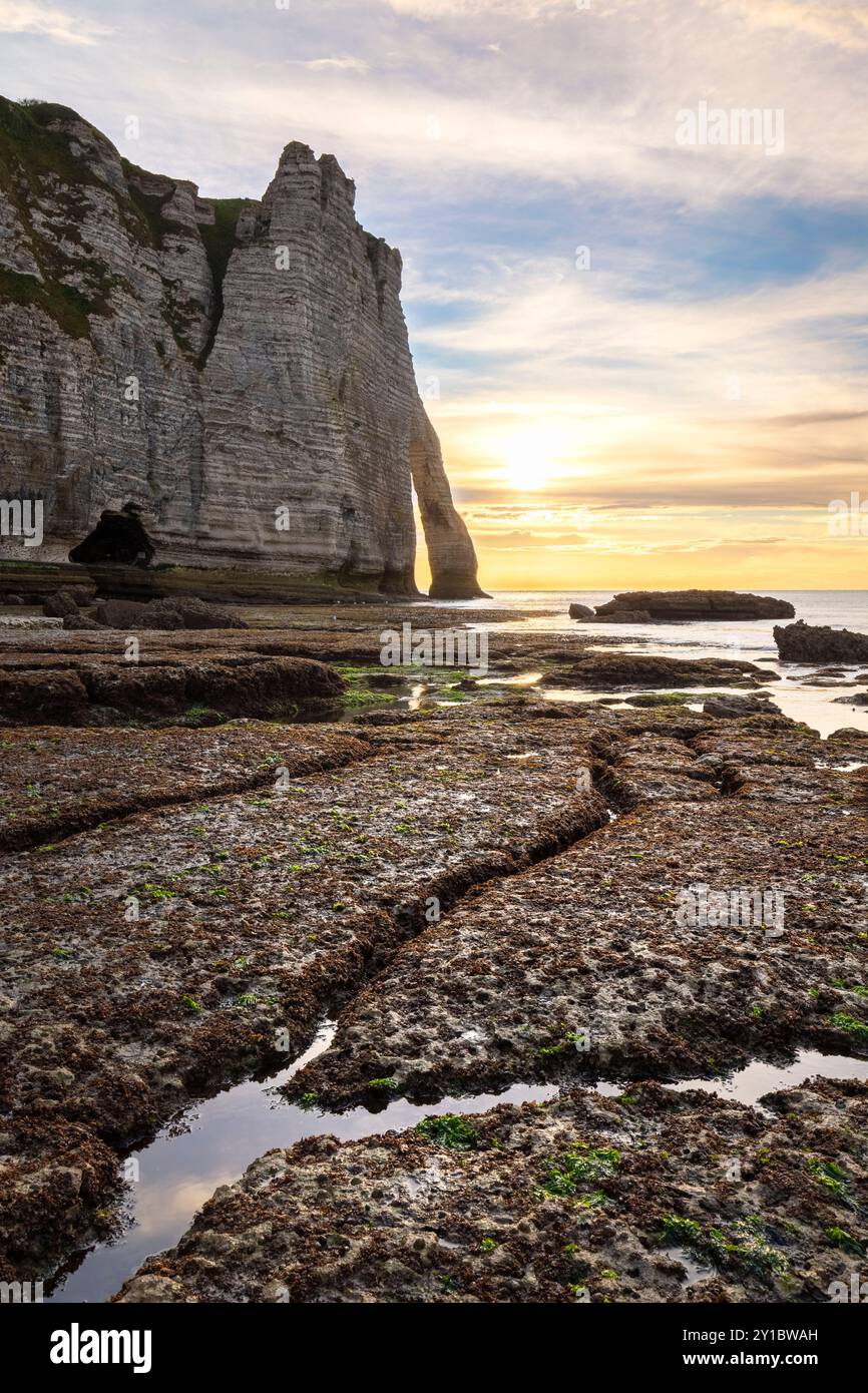 Sunset at the cliff and arch of Etretat, Octeville sur Mer, Le Havre ...