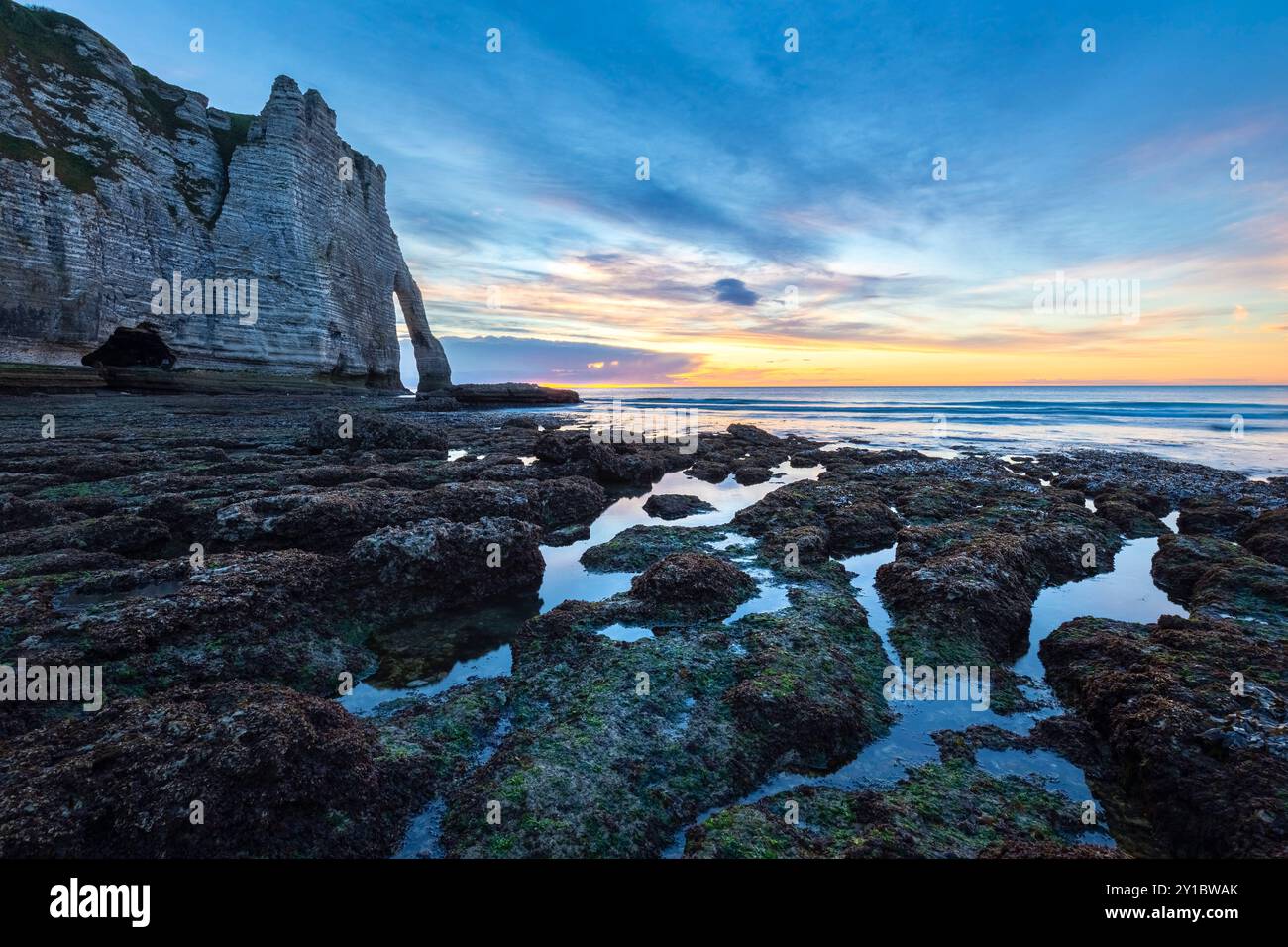 Sunset at the cliff and arch of Etretat, Octeville sur Mer, Le Havre ...