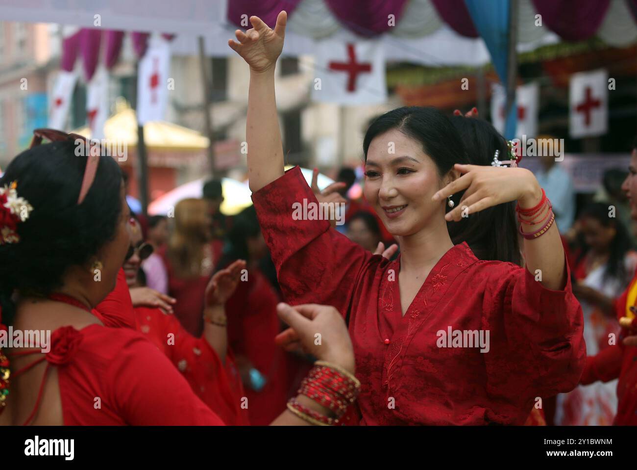 September 6, 2024: A foriegner lady dances along with Nepali women in celebration of the Teej ...