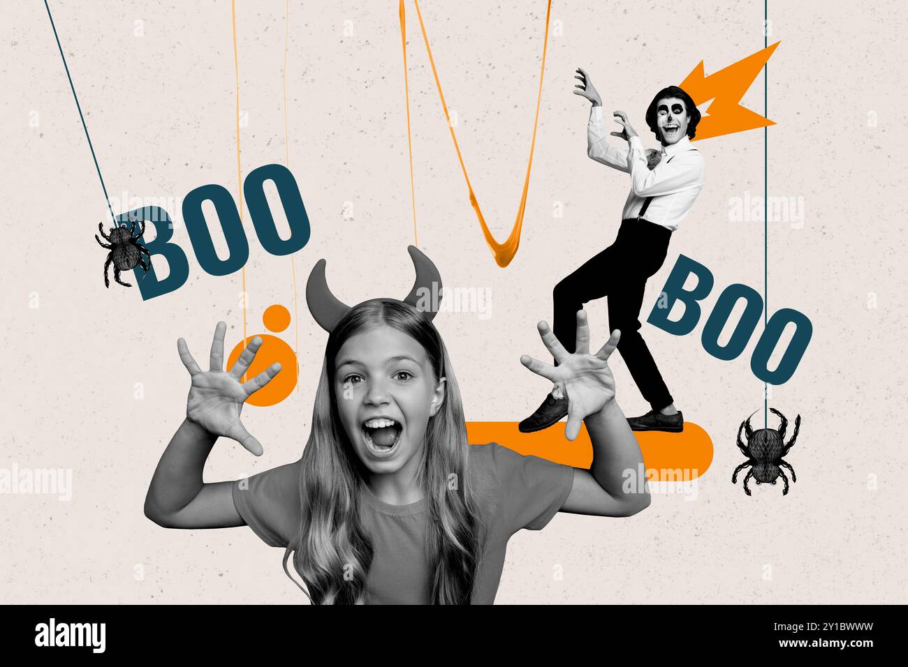 Composite photo collage of two scream teenage girl devil horns mariachi ...