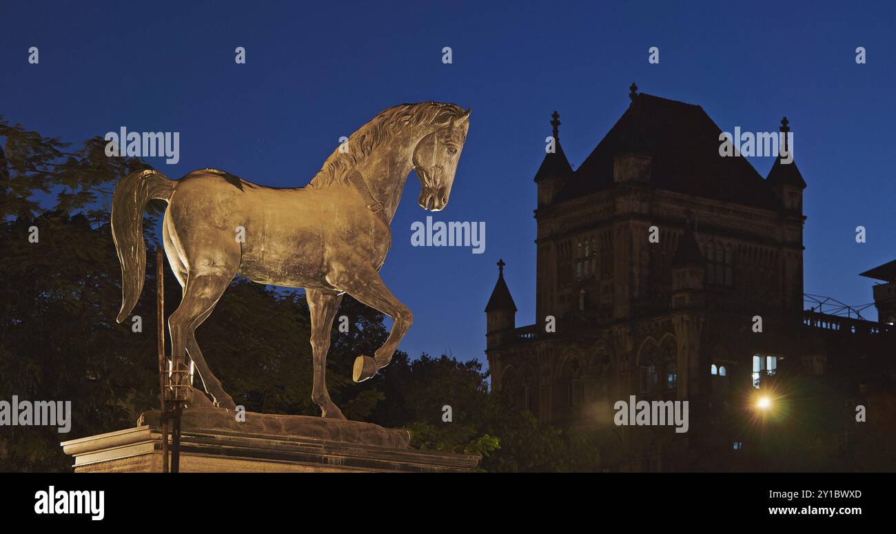 Black Bronze Kala Ghoda Statue In Night Illumination, Horse Statue In ...