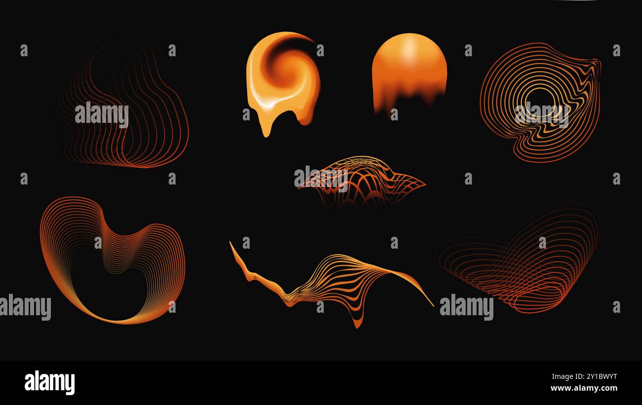 Retrofuturistic distorted shape and lines set isolated on black ...