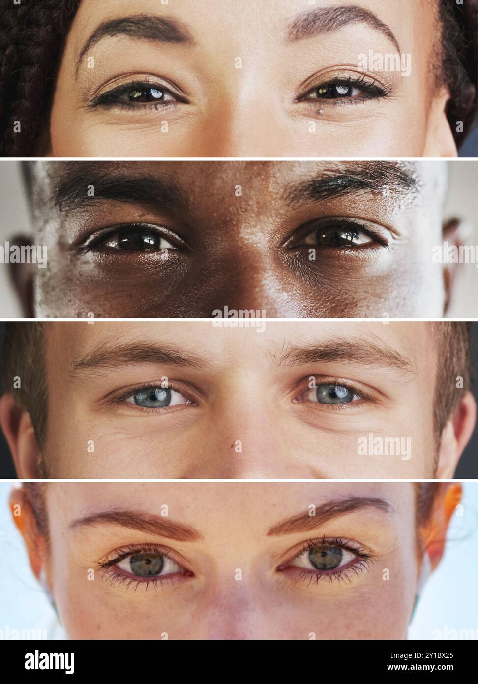 People, portrait and eyes with collage in diversity for equality ...