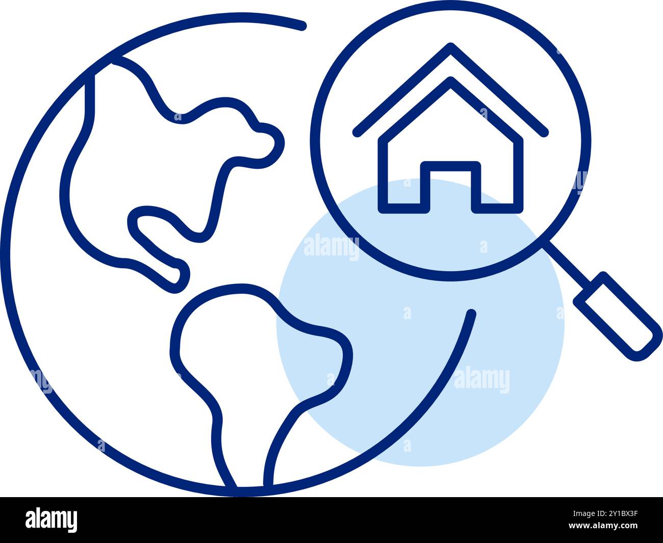 Earth globe with magnifying glass with house inside. World property ...