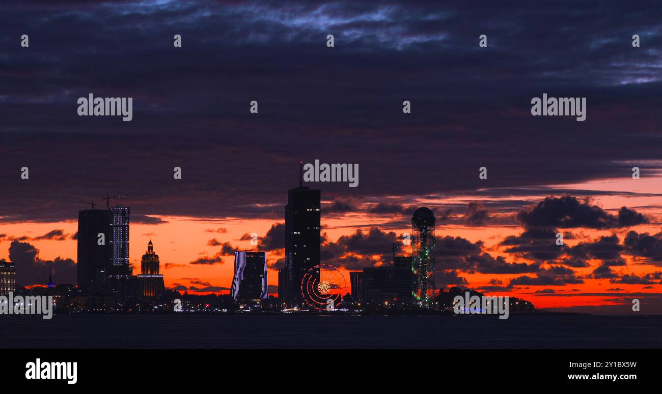 Batumi, Adjara, Georgia. Night View From Sea Beach To Cityscape With ...