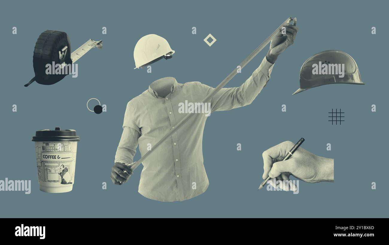 Vintage civil engineer and architecture objects collage isolated ...