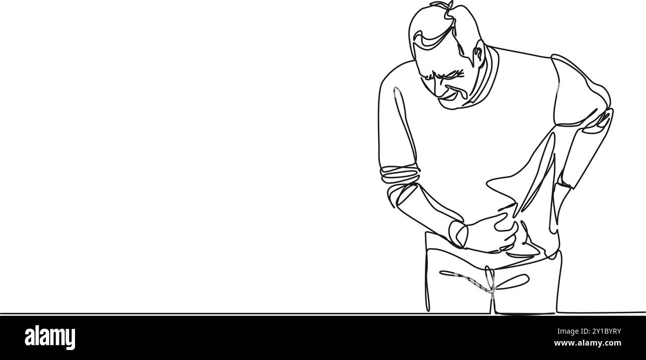 continuous single line drawing of elderly man holding stomach in pain ...