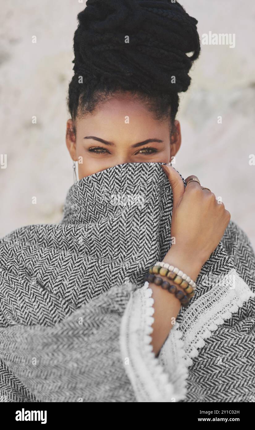 Cover, fashion and portrait of woman on wall background for attitude ...