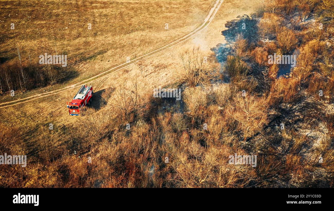 Aerial View. Spring Dry Grass Burns During Drought Hot Weather Stock ...