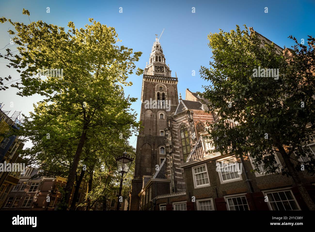 The Gothic Tower of Oude Kerk surrounded by Green Trees - Amsterdam ...