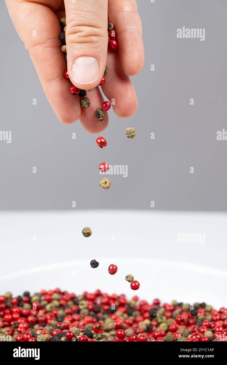 Hand sprinkling peppercorn mixture red, green, white and black pepper ...