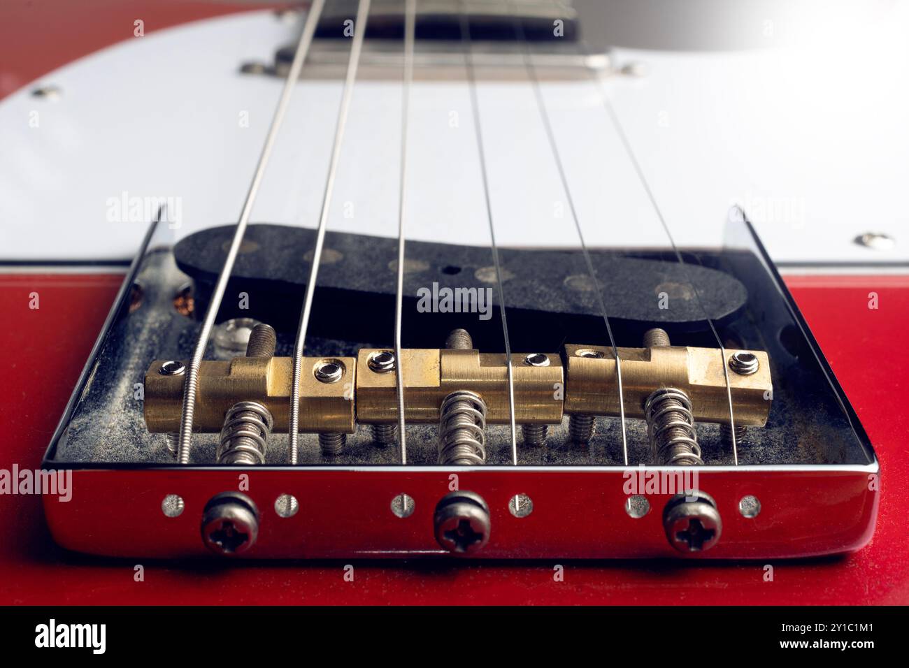 Perspective view of an electric guitar bridge with brass saddles Stock ...