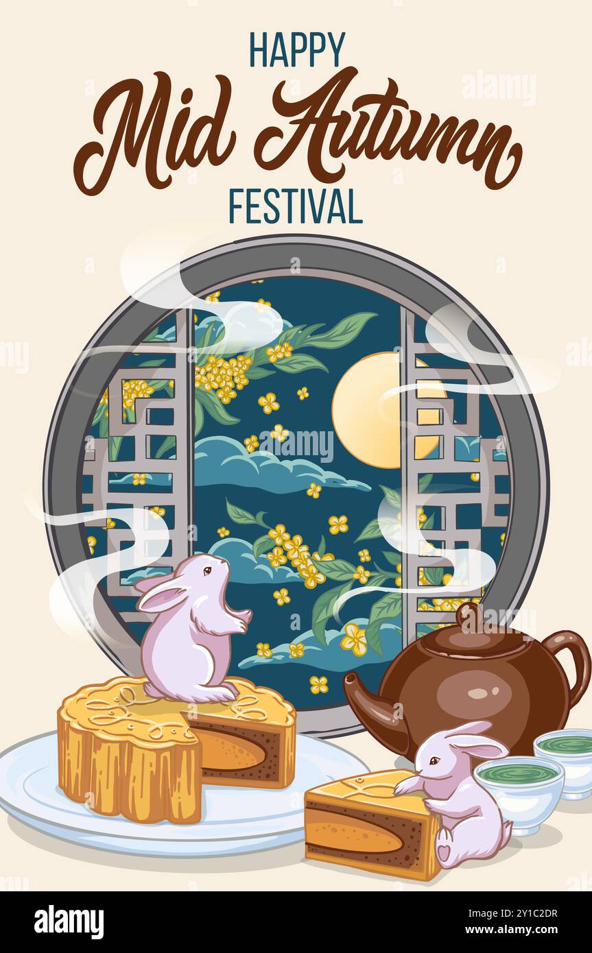 Happy mid autumn festival. Rabbit with mooncakes and tea in Chinese ...