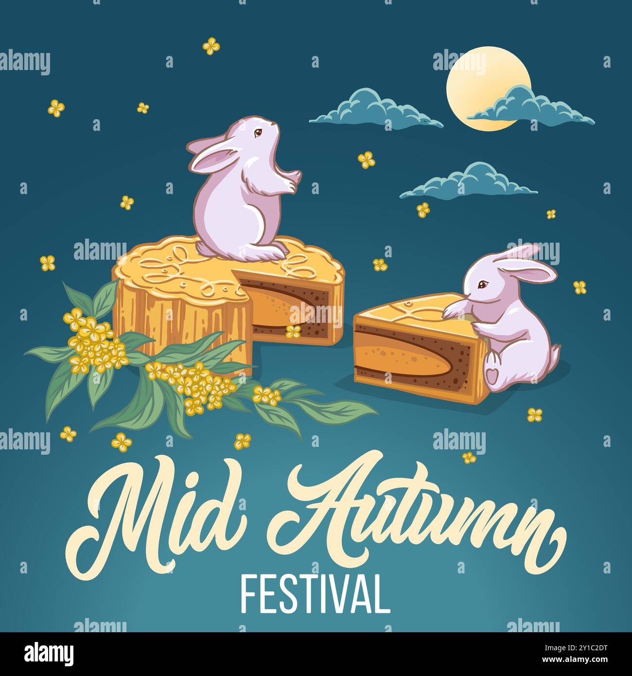 Chinese Mid Autumn Festival celebration vector illustration, couple cute rabbit eating mooncakes ...