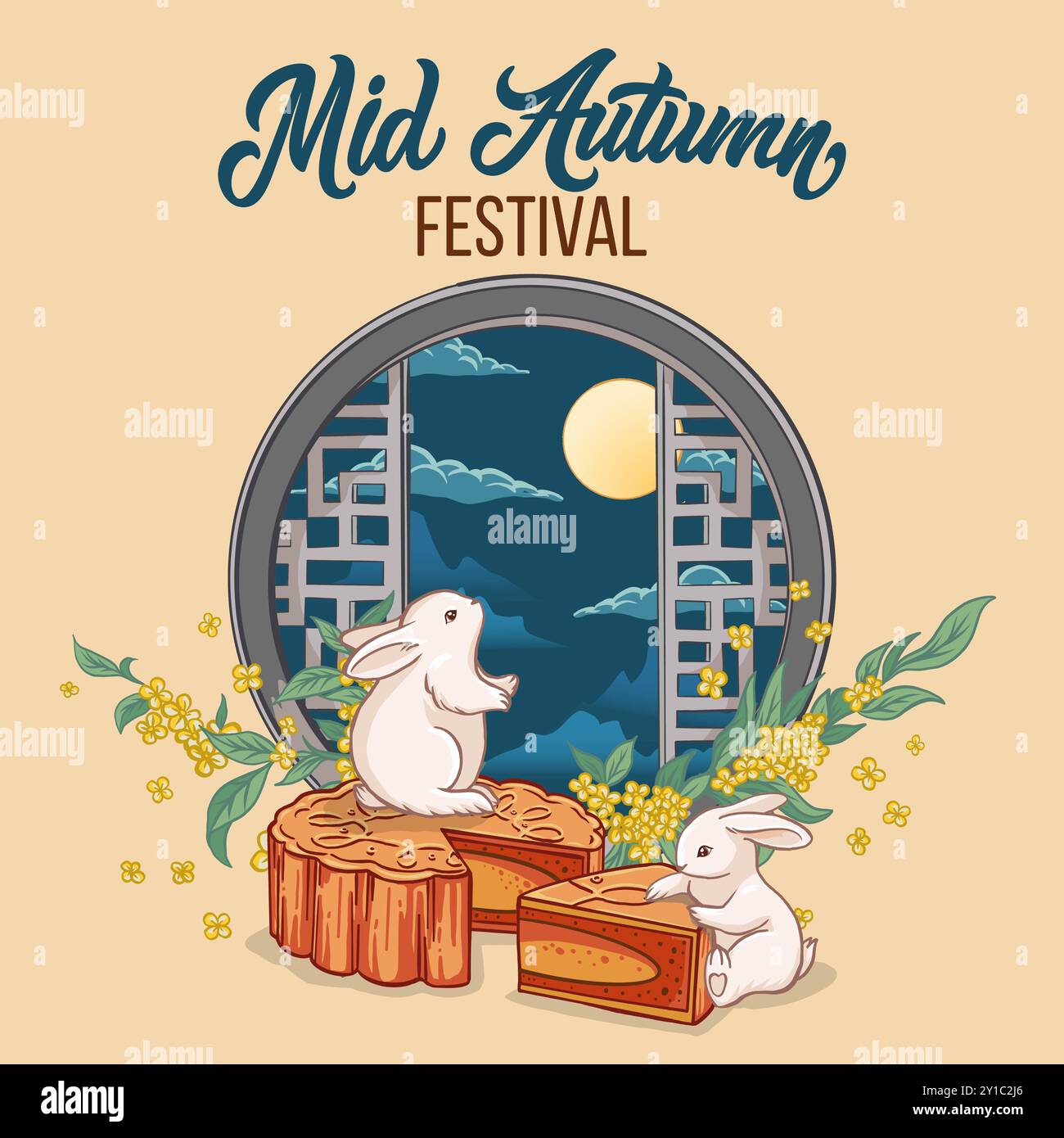 Chinese Mid Autumn Festival celebration vector illustration, couple cute rabbit eating mooncakes ...