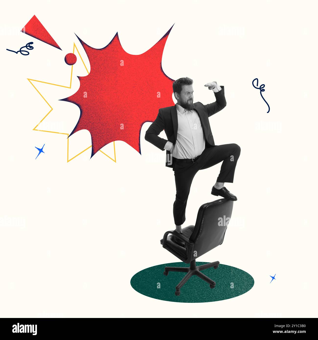 Confident man standing on chair with abstract red explosion behind him ...