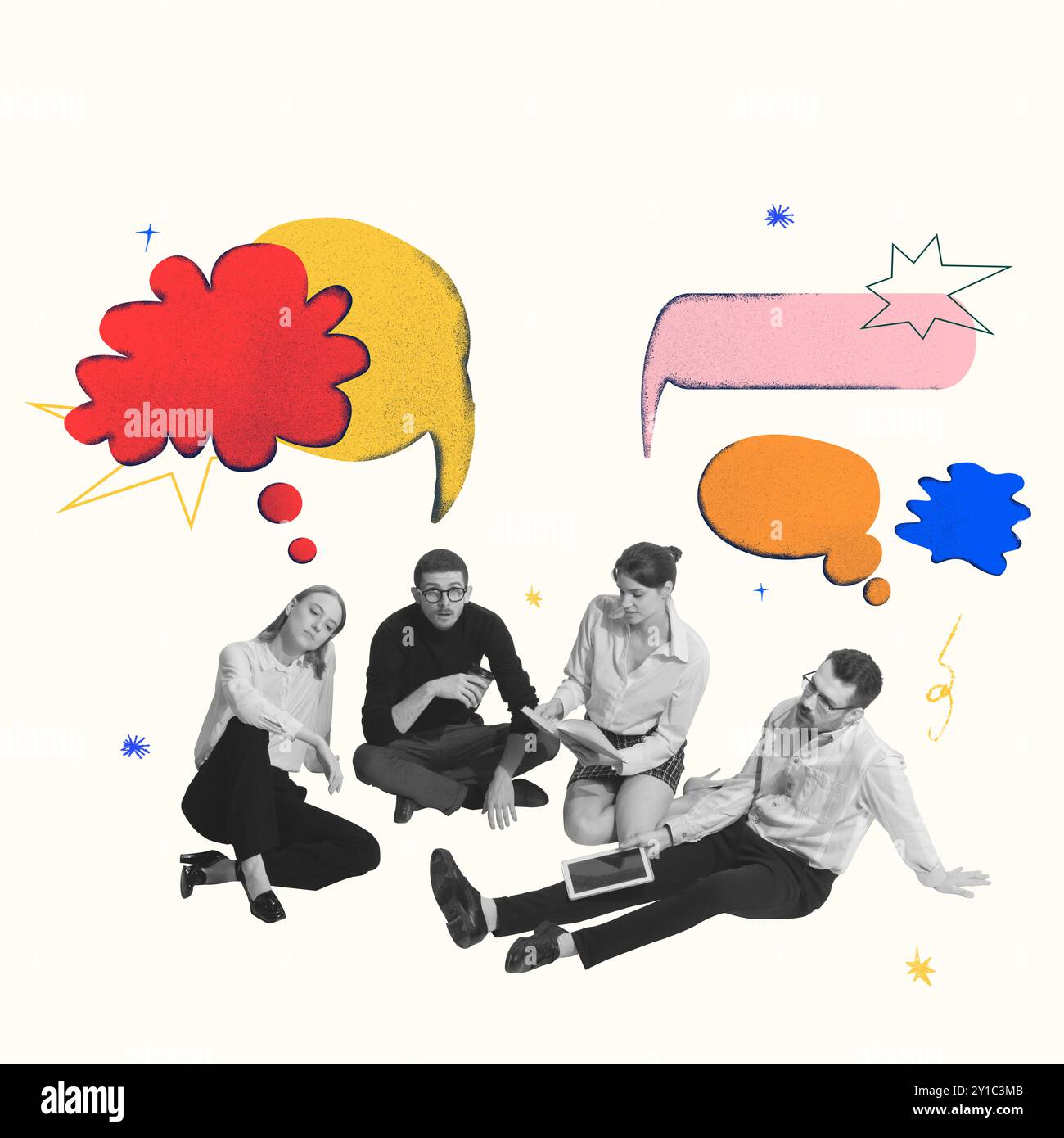 Group of four businesspeople sitting and brainstorming together ...