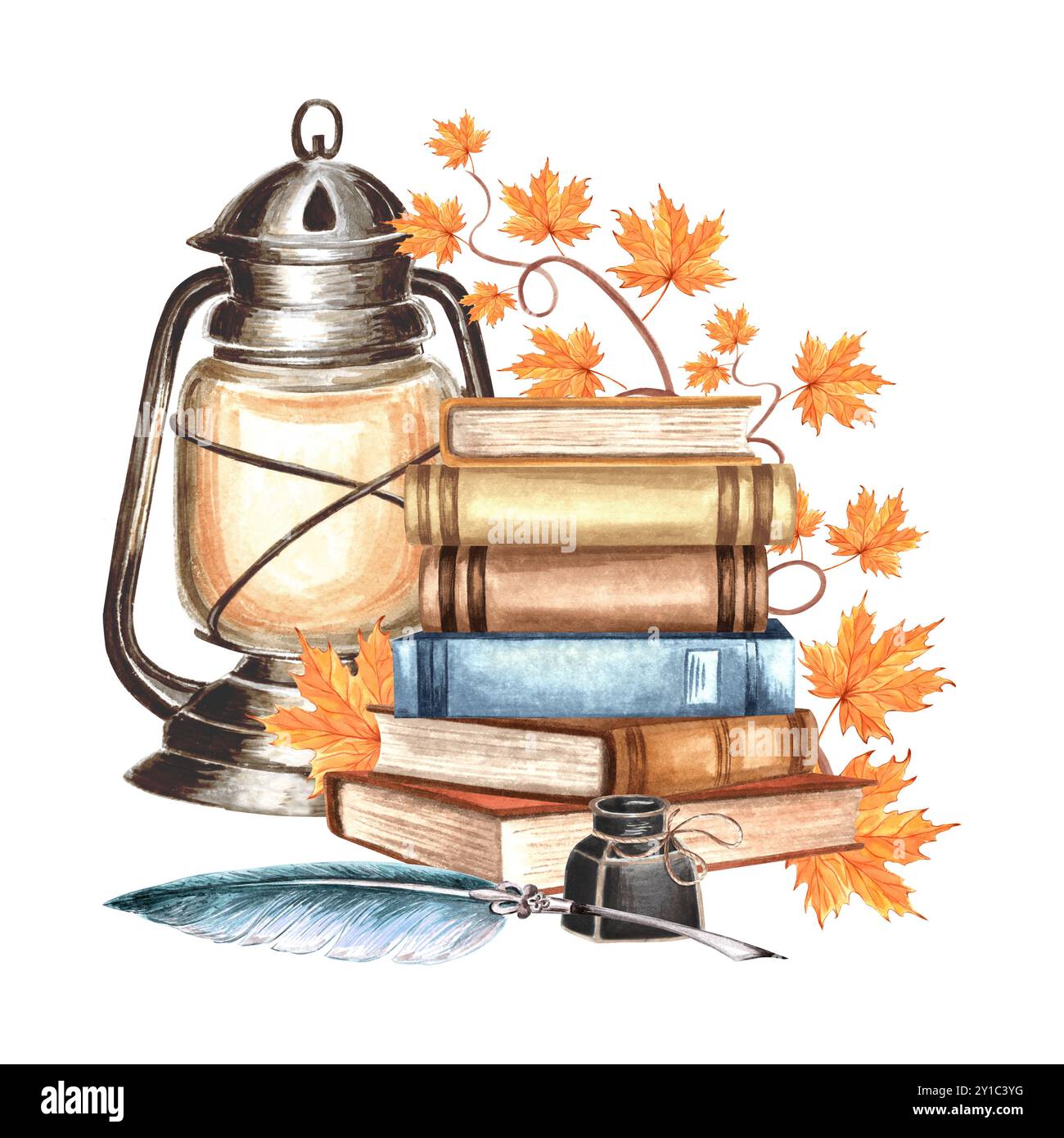 Books with lantern and fall maple leaves. Inkwell and feather. Autumn ...