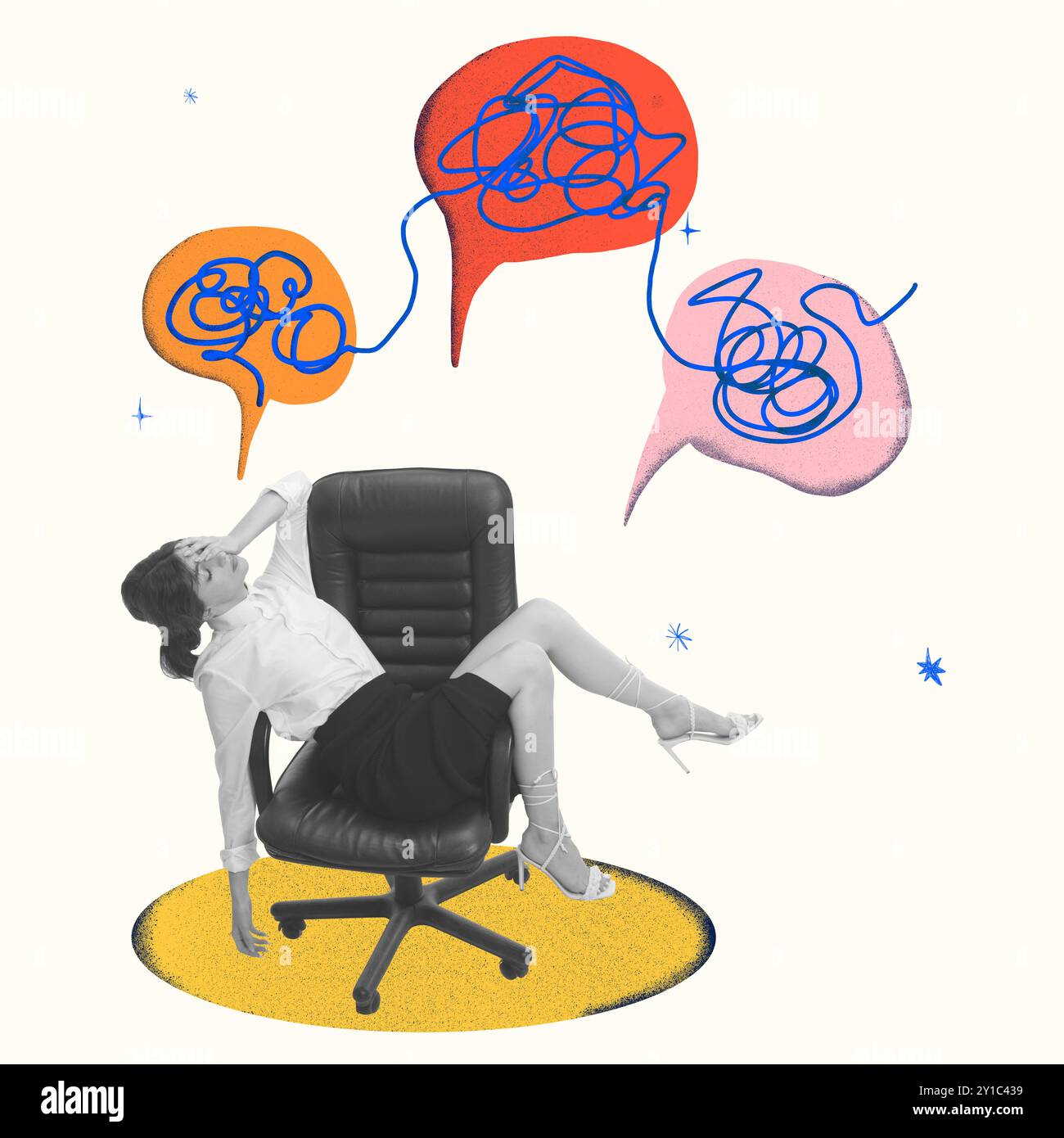 Woman sitting in office chair, overwhelmed by swirling thoughts, with ...