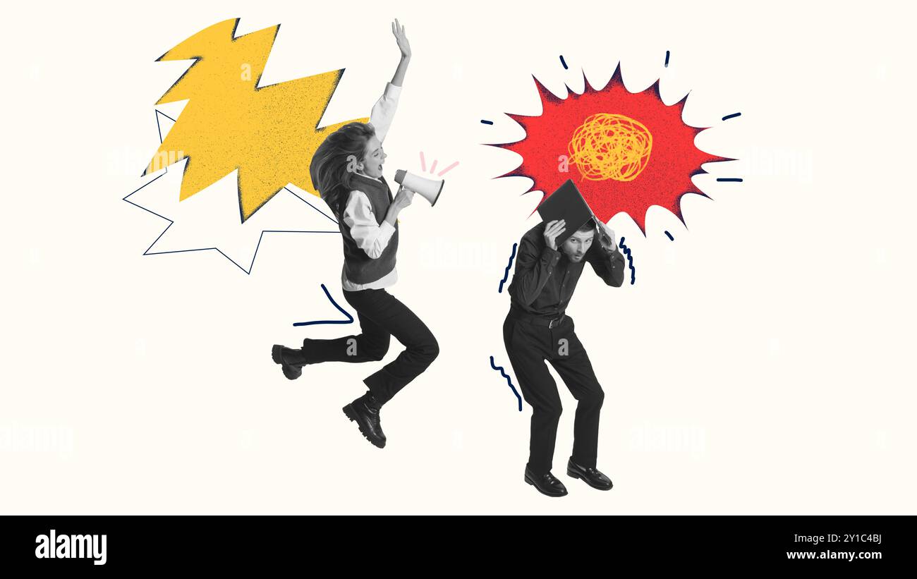 Woman with megaphone shouting at man, colleague hiding under document ...