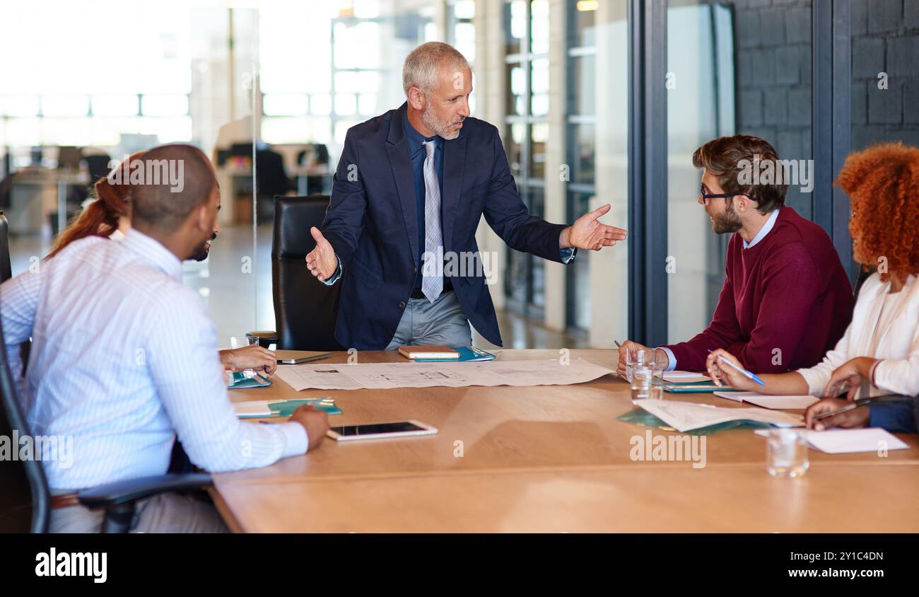 Speaking, people or architecture director in meeting for engineering ...