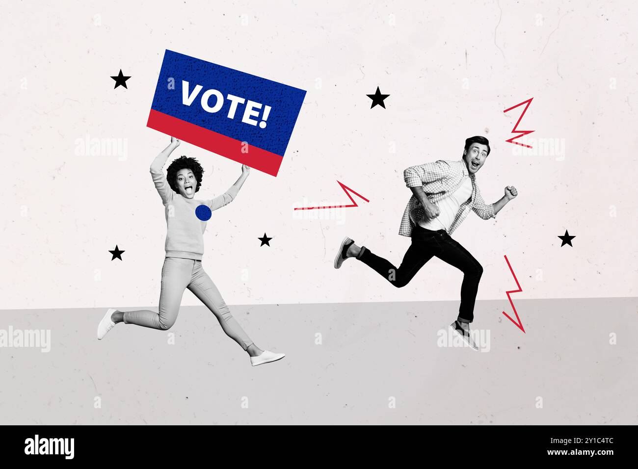 Composite photo collage of two excited girl guy run election placard ...