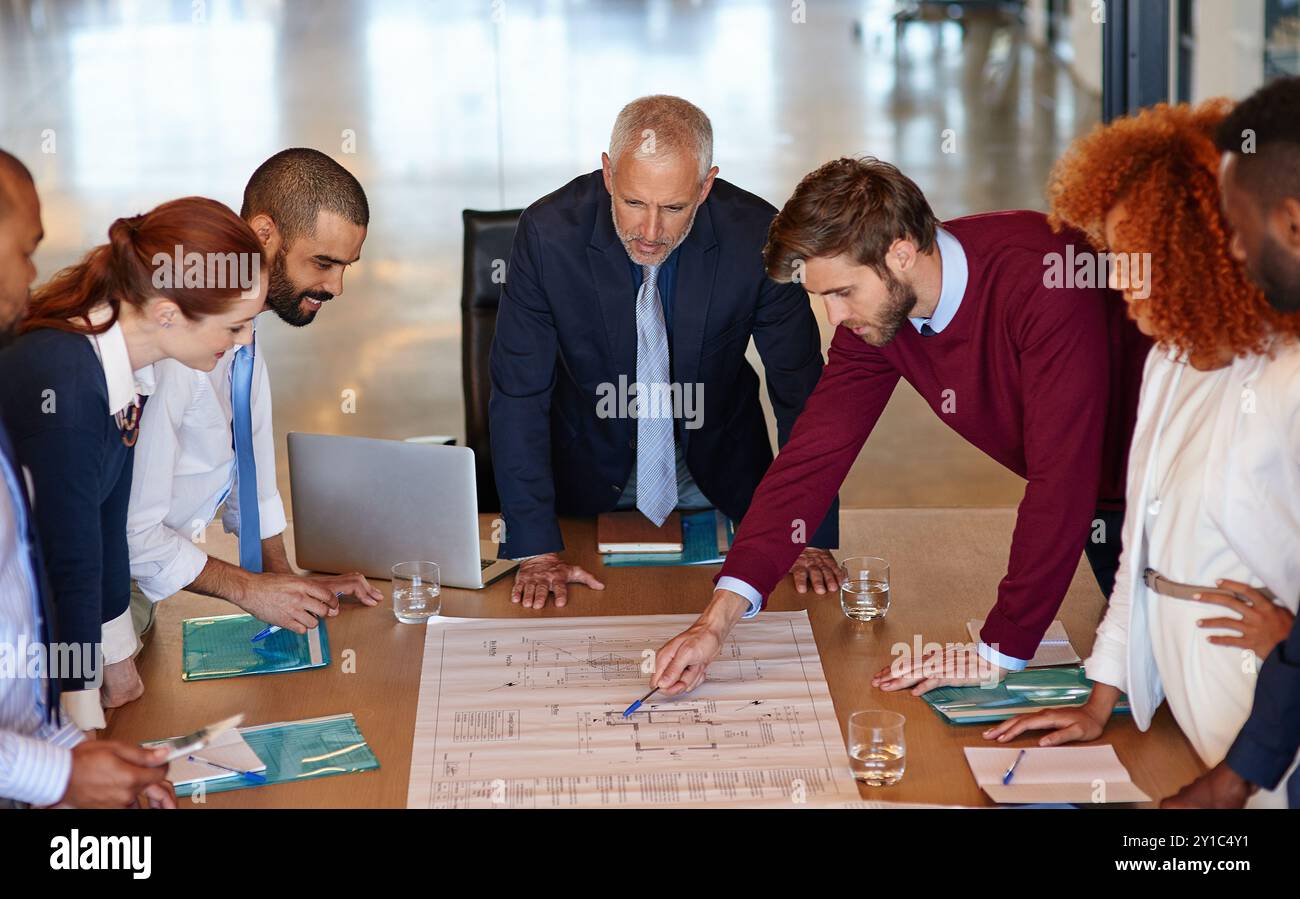 Layout, people or architecture blueprint in meeting for engineering ...