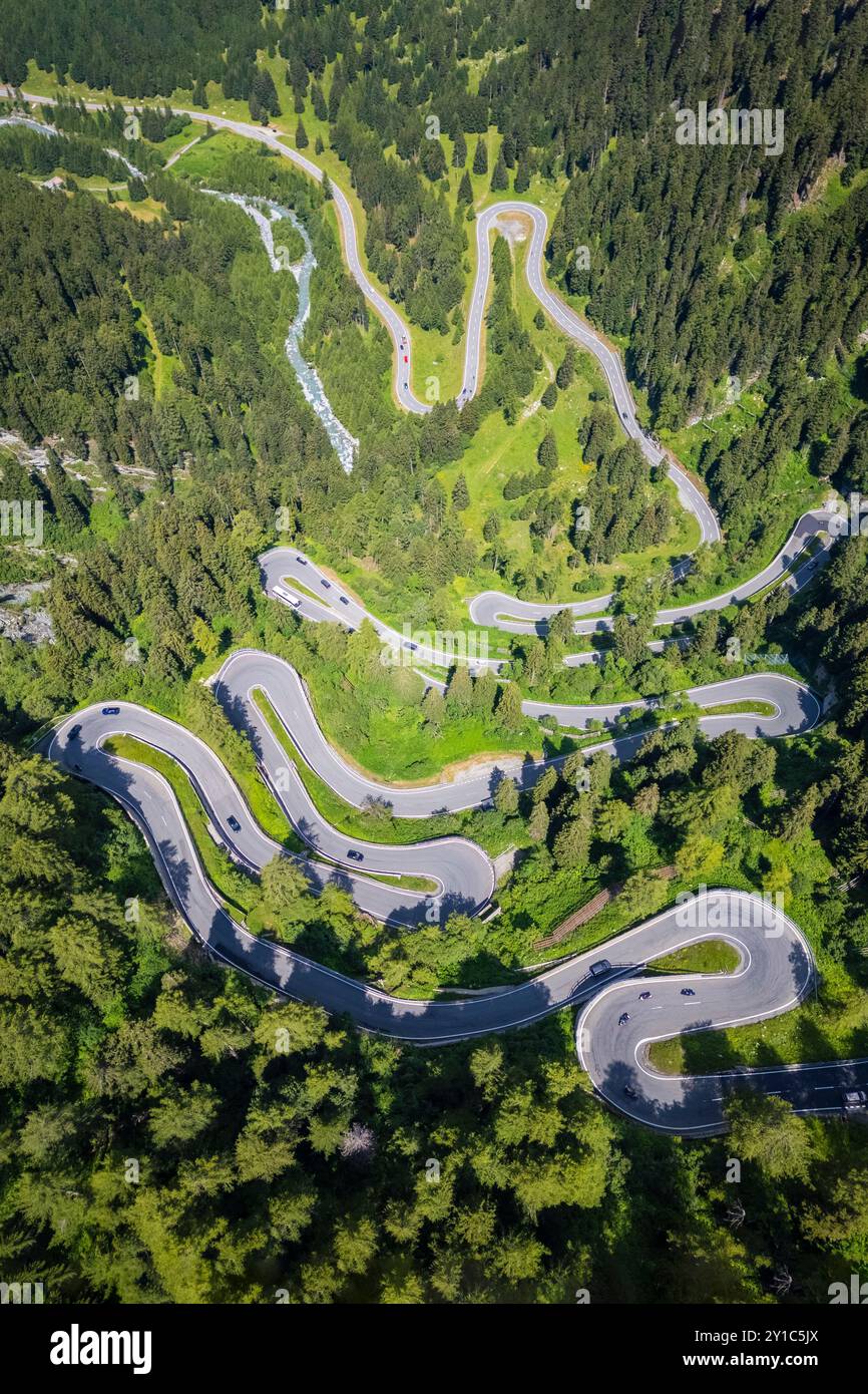 Aerial view of the Maloja Pass during summer. Maloja, Bregaglia, canton ...