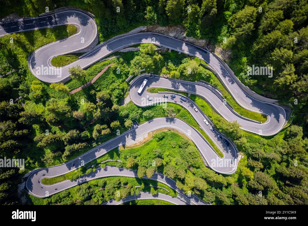 Aerial view of the Maloja Pass during summer. Maloja, Bregaglia, canton ...