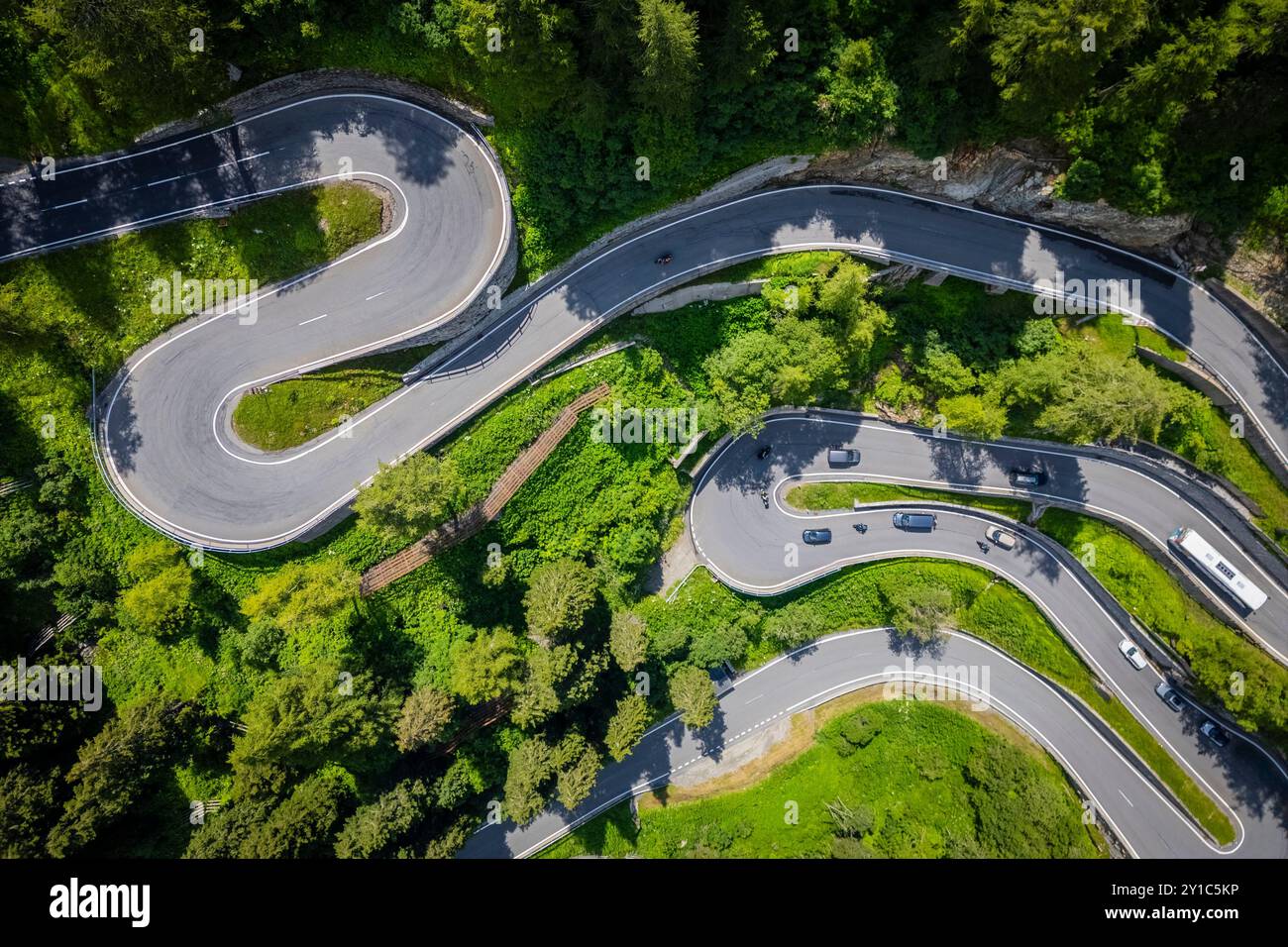 Aerial view of the Maloja Pass during summer. Maloja, Bregaglia, canton ...