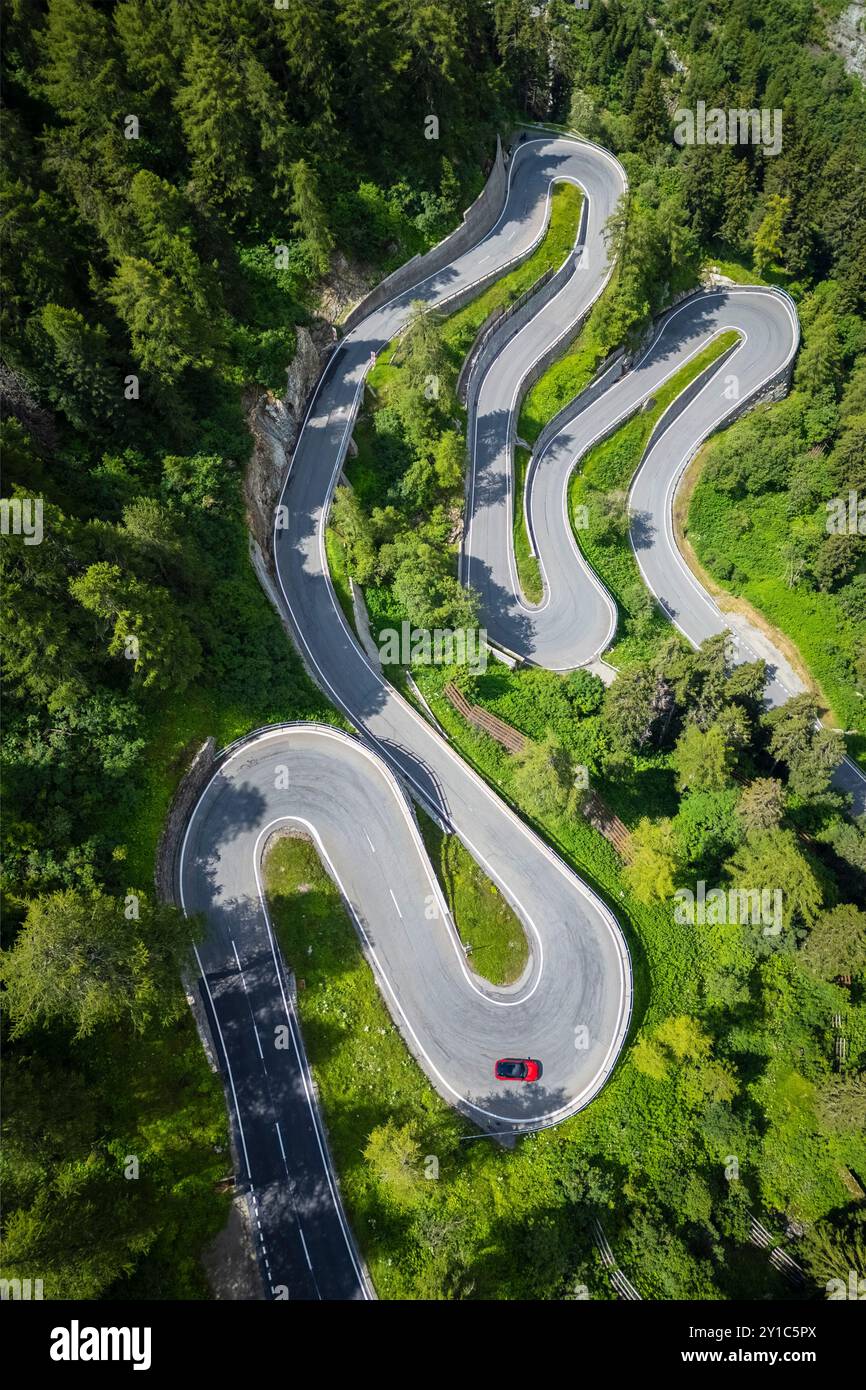 Aerial view of the Maloja Pass during summer. Maloja, Bregaglia, canton ...