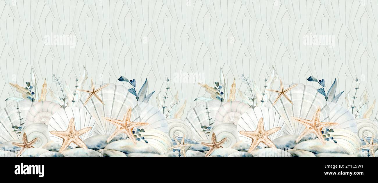 Seamless pattern and border of beige sea shells, starfish and pebbles ...