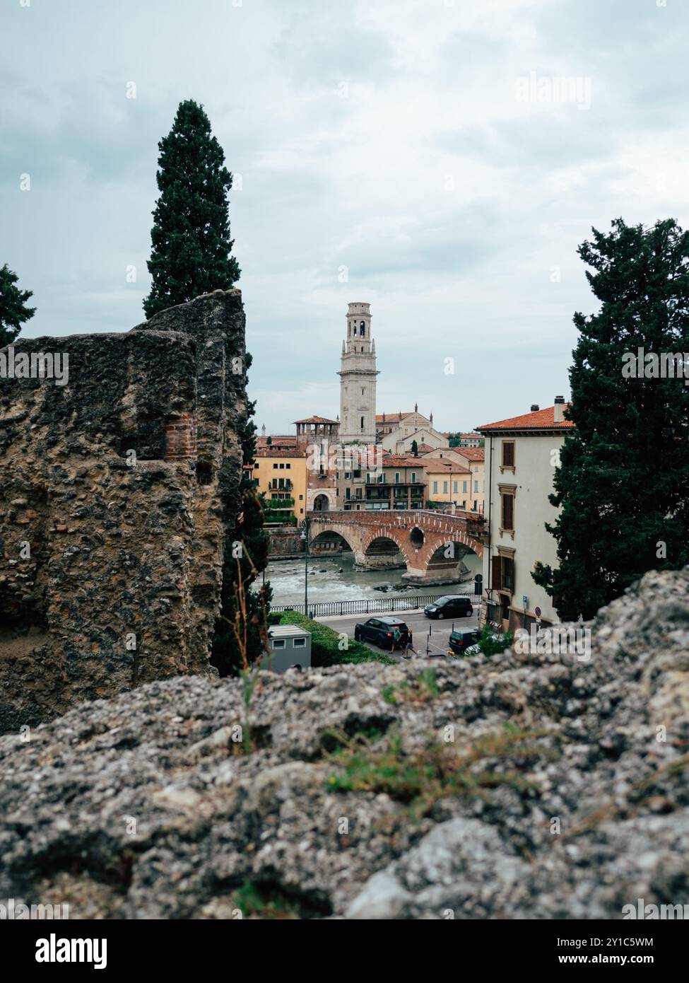 The view captures bridges and buildings in Verona, Italy, under a ...